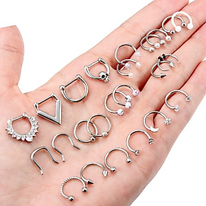 Yaalozei 16G Septum Rings piercing Jewelry for women Stainlessl Surgical Steel Silver Black Septum Ring Skull Hypoallergenic Hinged Septum Nose Ring Earring Hoop Clicker Piercing Jewelry Set Men 10mm