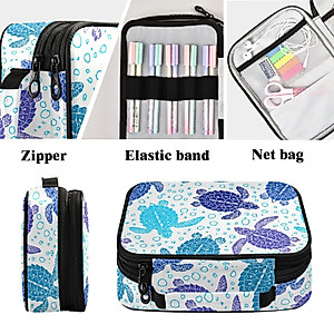 FOLIOSA Blue Sea Turtle Pencil Case Multiple Elastic Slots Holds 64 Watercolor Pens or 96 Colored Pencils Waterproof Large Capacity 10×7.7×3.5 in