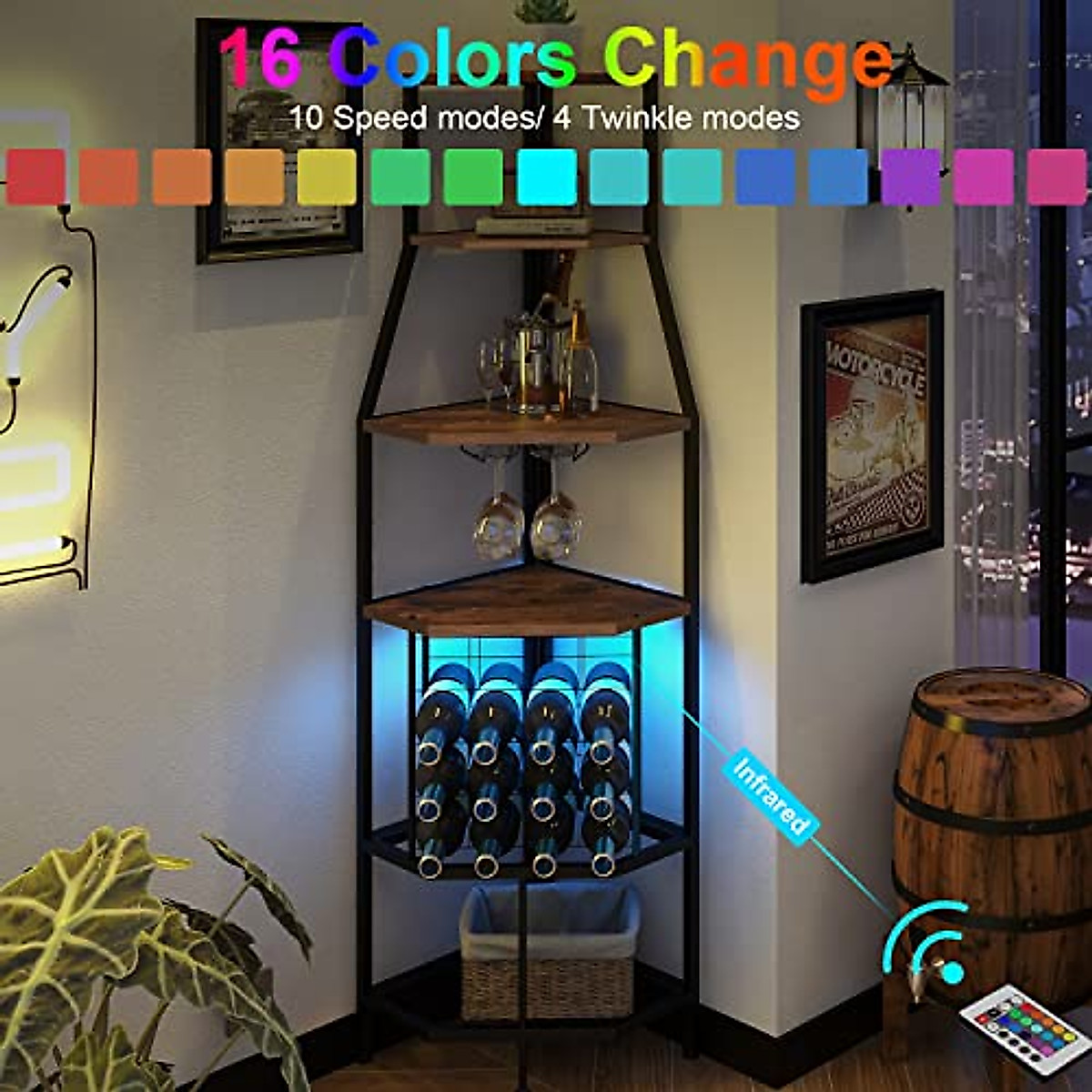 Espelism 5-Tier Corner Wine Rack Freestanding Floor with Glass Holder and Bottles Wine Storage Industrial Bar Cabinets with LED Light for Liquor and Glasses for Living Room Kitchen Home Bar