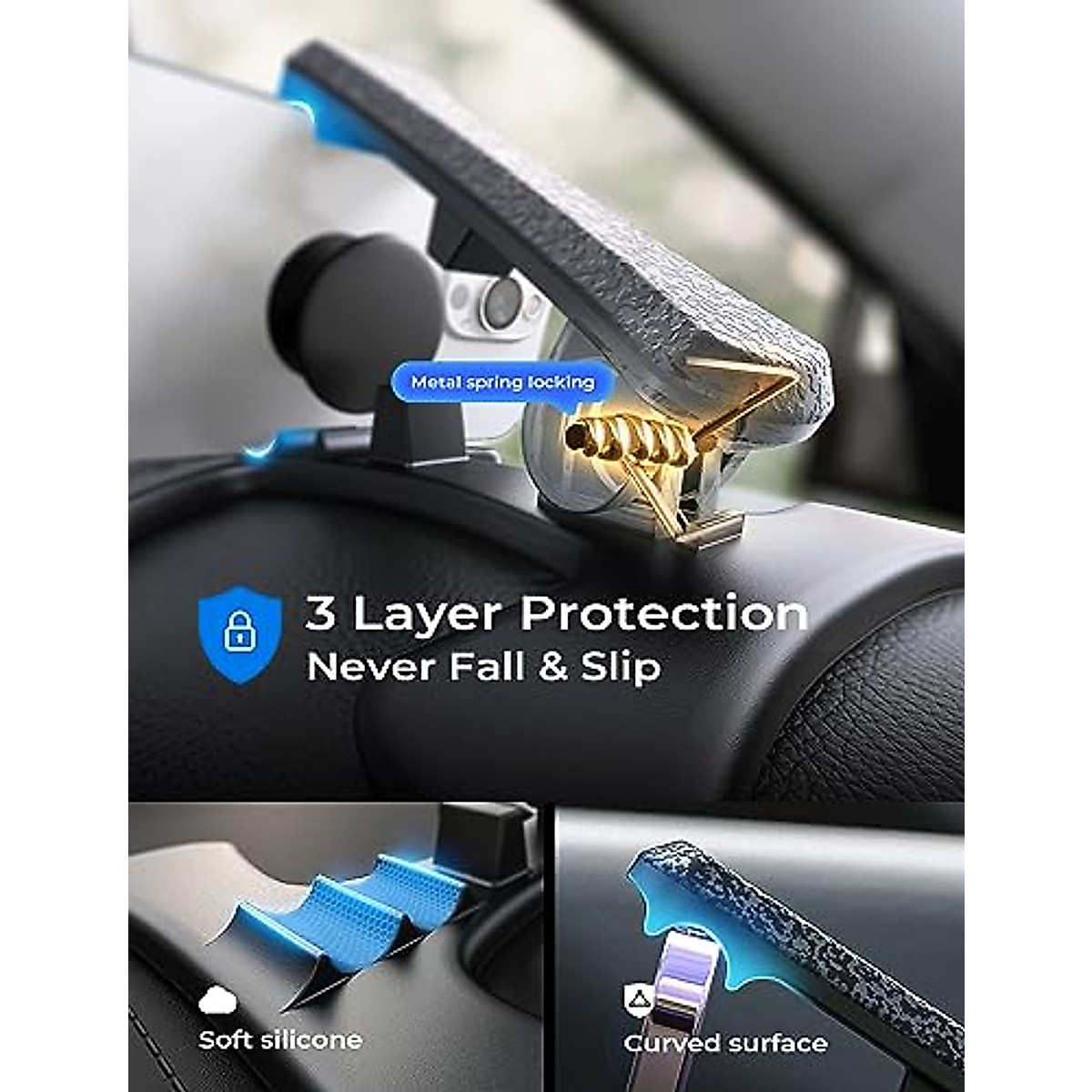 LISEN Dashboard Phone Holder for Car, Dashboard Mount [ Never Slip& Fall] Universal Car Phone Holders for iPhone Dash Accessories Compatible with iPhone 15 Pro Max Plus 14 13 12 Mini Samsung All