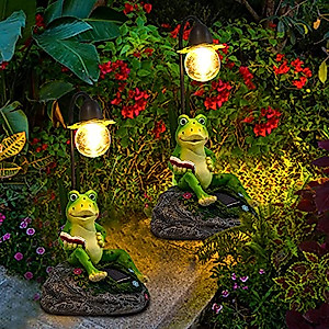 Garden Statues Outdoor Decor, Resin Frog Sculptures & Statues with Edison Bulb Waterproof Solar Figurines Lights for Yard, Lawn, Pond, Patio or Ornaments Gift