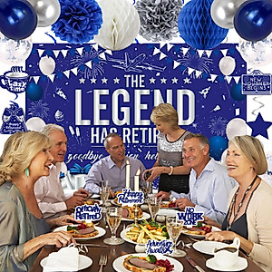 Retirement Party Decorations Blue Silver Happy Retirement Decorations for Men Women, Happy Retirement Banner, Retired Backdrop, Balloons, Pompoms, Hanging Swirl, Retirement Card, Cake Topper Set 54pcs