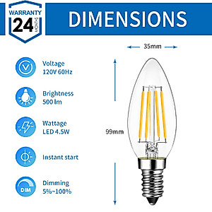 ANWIO B11 LED Filament Bulb E12 Candelabra Base 4.5W(60W Equivalent), Dimmable 2700K Warm White Chandelier Decorative Candle Light Bulb, B11 Chandelier Light Bulbs (12-Pack)