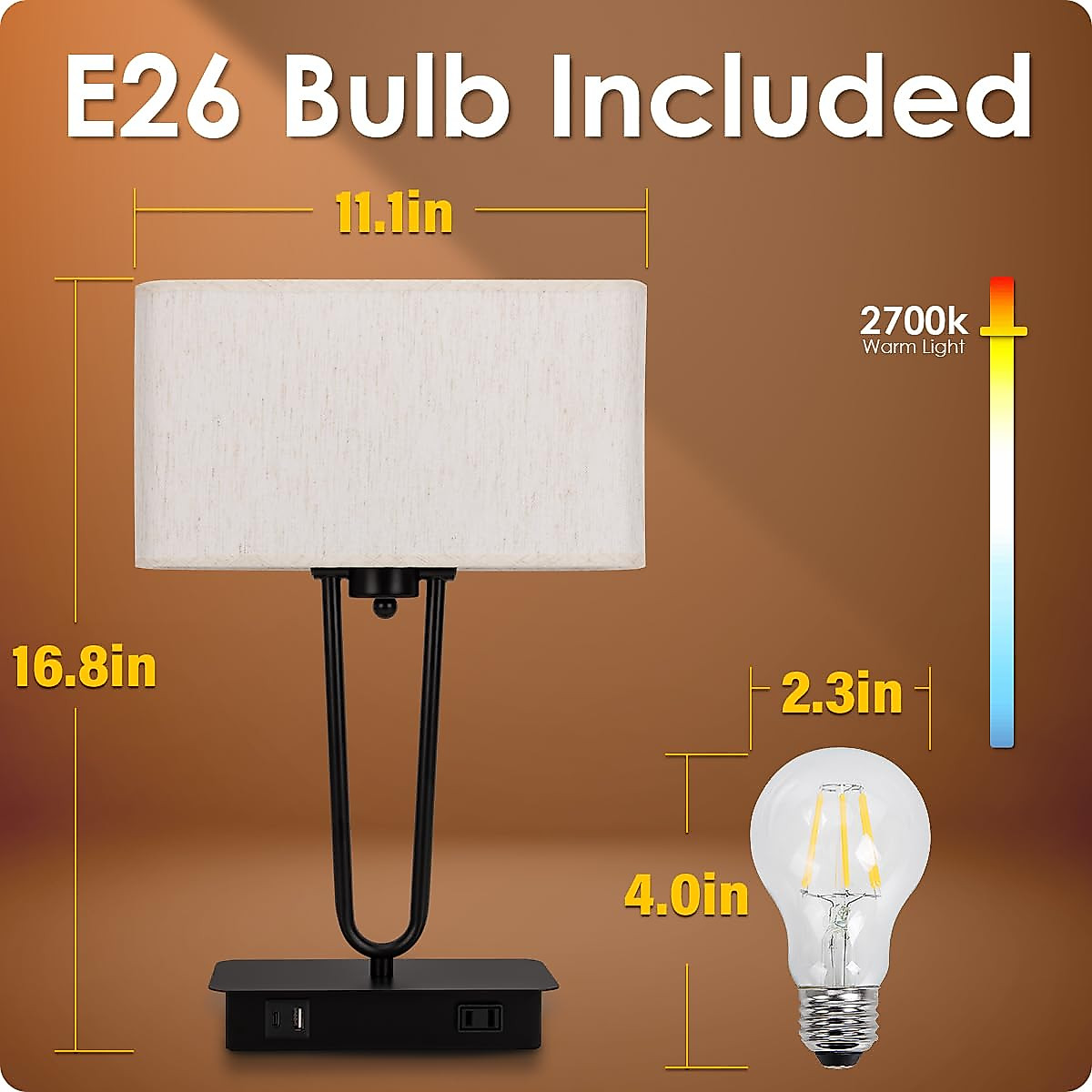 Yarra-Decor Bedside Touch Control Table Lamp Nightstand Lamp with USB A+C Charging Ports & AC Outlet 3-Way Dimmable Desk Lamp with Fabric Shade for Bedroom Living Room(Bulb Included)