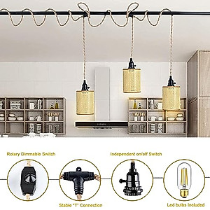 3 Light Plug in Pendant Lights Cord,Hanging Lamp Kit with Dimmable Switch 22 Ft Hemp Rope,Hanging Light with Plug in Cord,Rattan Woven Lampshade, Plug in Ceiling Light for Bedroom Living Room