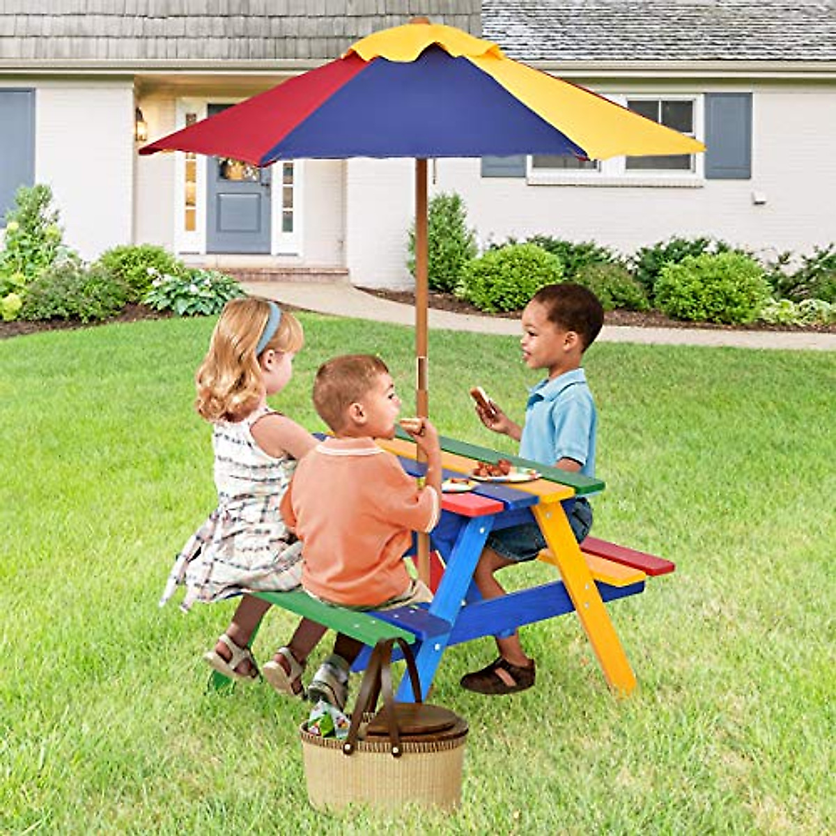 Costzon Kids Picnic Table, Wooden Table & Bench Set with Removable & Foldable Umbrella, Toddler Patio Set for Backyard, Garden, Children Girls & Boys Gift, Kids Table and Chair Set for Outdoors