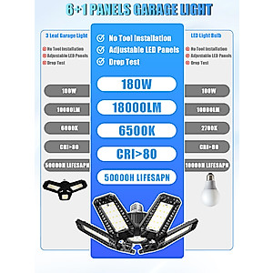 LED Garage Lights 1 Pack - 180W 18000LM Garage Lights Ceiling Led with 6 Adjustable Panels, 6500K Daylight Deformable Garage Lighting Bulb Fit E26/E27, LED Light for Garage Shop Barn Basement