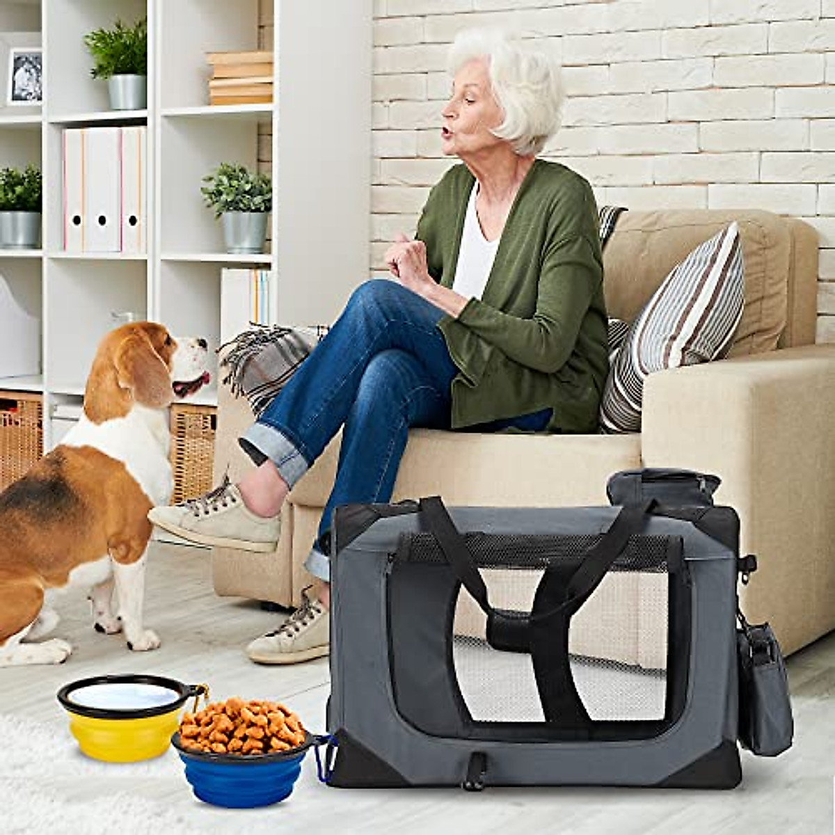 Hombanyan Portable Dog Crate, Collapsible Dog Travel Crate 32x23x23 Inches with Soft Warm Blanket,2 Bowls,2 Pockets,3 Breathable Meshes,Pet Carrier Bag for Cats Dogs Puppies Kittens Indoor & Outdoor…