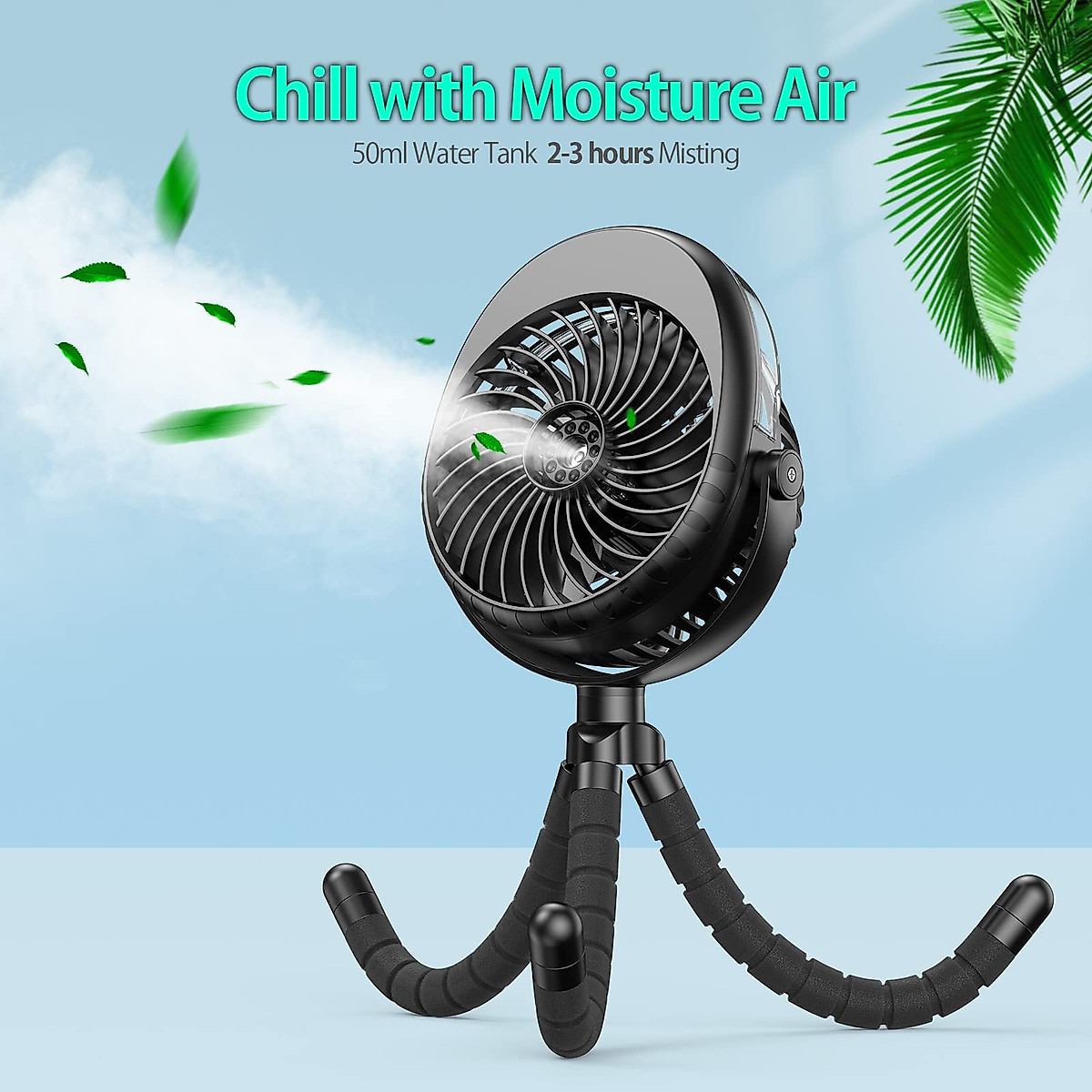Portable Stroller Fan with Mist, Rechargeable Misting Fan with Water Spray, 270° Pivot Personal Mister Fan with Flexible Tripods for Cooling Outdoor Travel Beach Umbrella Wagon Crib Treadmill Car