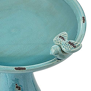 Alpine Corporation TLR102TUR Alpine Pedestal Bath with 2 Figurines-Turquoise Antique Ceramic Birdbath with Birds, 24 Inch Tall, 19" L x 16" W x 25" H