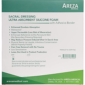 Areza Medical - Ultra-Absorbent Silicone Foam Wound Dressing - Waterproof - with Adhesive Border - sterile - designed for Sacral Wounds - 7" X 6.8" - 5 PCS Per Box