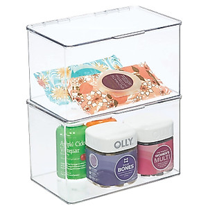 mDesign Plastic Bathroom Stackable Storage Box with Attached Hinged Lid - Holds Soap, Body Wash, Shampoo, Lotion, Conditioner, Hand Towels, Hair Accessories, Ligne Collection - 2 Pack - Clear