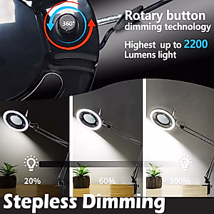 10X Magnifying Glass with Light, KIRKAS 2,200 Lumens LED Magnifying Lamp with Clamp, Stepless Dimmable Real Glass Lens Magnifier, Adjustable Arm Workbench Light for Close Work Hobby Repair - Black