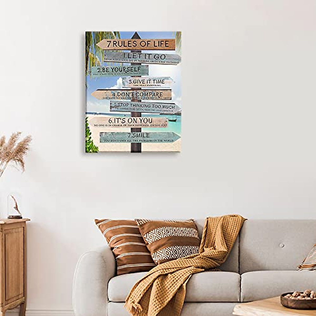 Hmlc Inspirational Wall Art, 7 Rules of Life Quotes Canvas Motivational Wall Decor Framed Positive Prints Picture Poster for Office Bedroom Bathroom Wall Sign Decoration (Beach Aqua