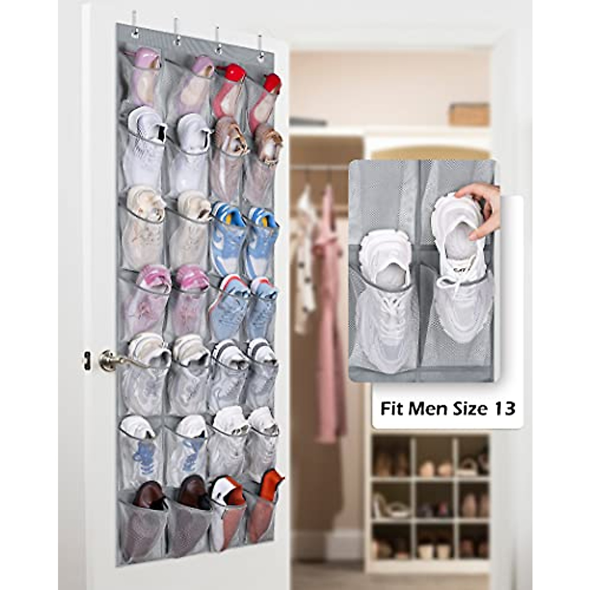 SLEEPING LAMB 28 Breathable Mesh Pockets Over The Door Shoe Rack Hanging Shoe Organizer for Closet Shoe Holder for Men Sneakers, Women Heels, with 4 Metal Hooks, Grey