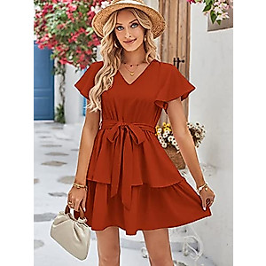 ZAFUL Women's Short Flutter Sleeve Mini Dress V Neck Waist Tie Tiered Flare Casual 2023 Summer Dress (Brick Red, M)