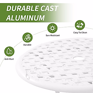 PATIO-IN 3 Piece Patio Set Cast Aluminum Patio Furniture Outdoor Bistro Table Set with Adjustable Foot Cap,Metal Bistro Table and Chair Set of 2 for Front Porch,Garden,White