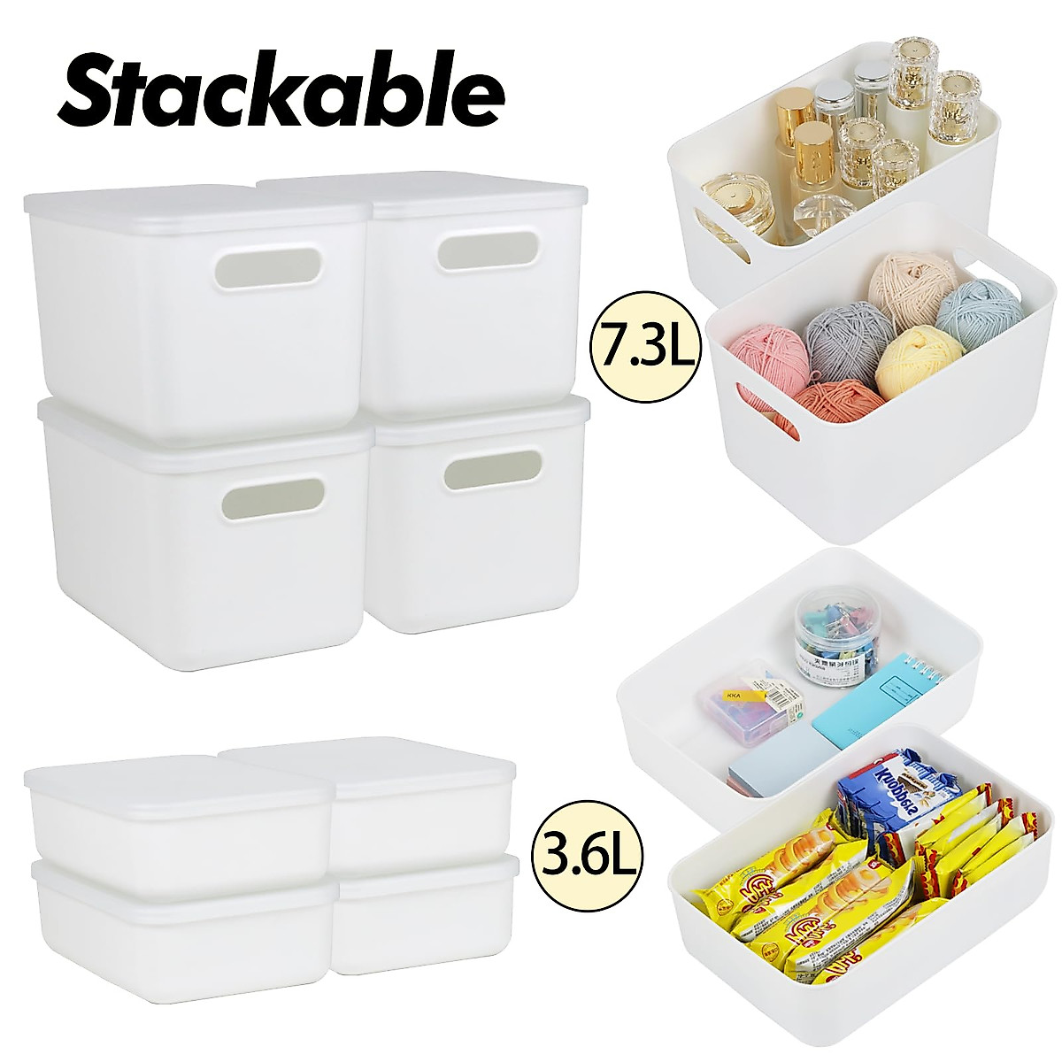 ZEXALOR 8 Pcs Storage Bins with Lids, Stackable Plastic Storage Containers for Organizing, Organizer Bins Shelf Baskets for Pantry Cabinet Shelves Desktop Freezer Drawer Organization (White, 4M+4S)