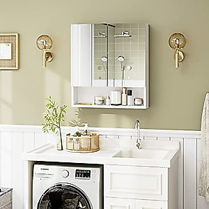 FOTOSOK Bathroom Wall Cabinet Medicine Cabinet, Wall Mounted Bathroom Mirror with Storage Mirror Cabinet with 2 Doors and Adjustable Shelf, Laundry Living Room, White