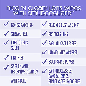 Nice 'n Clean SmudgeGuard Lens Cleaning Wipes (100 Total Wipes) | Pre-Moistened Individually Wrapped Wipes | Non-Scratching & Non-Streaking | Safe for Eyeglasses, Goggles, & Camera Lens