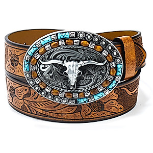 FGSS Western-Cowboy-Leather-Belts for Women Turquoise-Oval-Buckle Embossed Cowgirl Belt for Jeans Pants