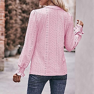 JDHUFEI Long Sleeve Shirts for Women Fashion Puff Long Sleeve Blouse V-Neck Button Up Tops Solid Color Lace Tunic Tops