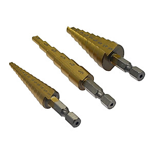 Qjaiune Titanium Step Drill Bit Set 3 Pcs 28 Sizes in One Kit, 1/4" Hex Shank for Soft Metal, Wood, Plastic