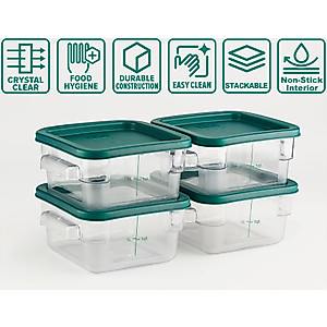 CURTA 4 Pack Food Storage Container with Green Lid - NSF Listed Commercial Grade in 2.0 Qt - Square, Clear, Polycarbonate