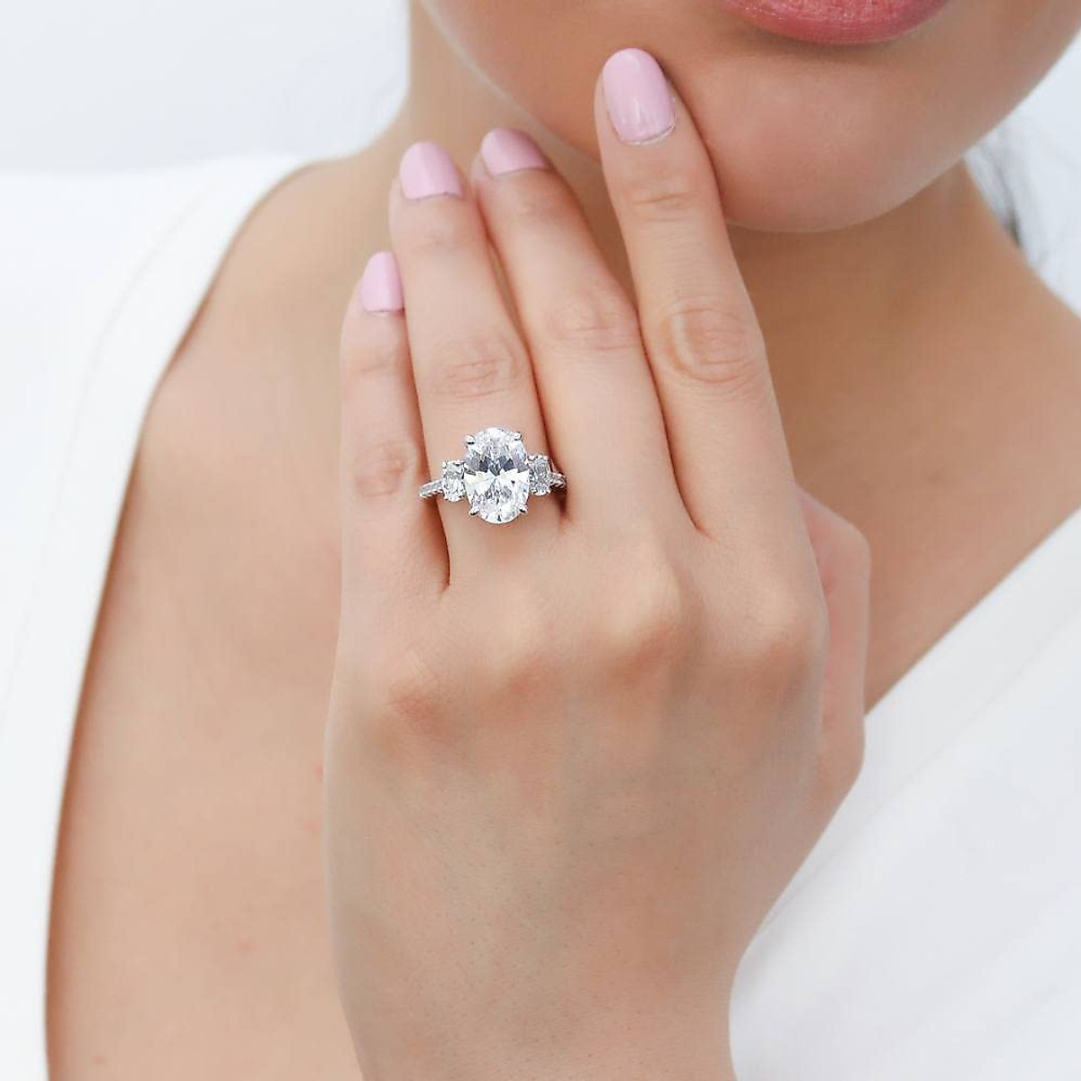 BERRICLE Sterling Silver 3-Stone Wedding Engagement Rings Oval Cut Cubic Zirconia CZ Statement Cocktail Anniversary Ring for Women, Rhodium Plated Size 8