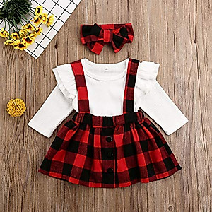 Newborn Baby Girl Suspender Skirt Outfit Set Christmas Ruffle Long Sleeve Plaid Shirts and Overall Skirts+Headband (Red , 0-3Months )