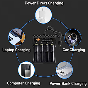 18650 Battery Charger 4 Bay Universal USB Smart Charger for 3.7V Rechargeable Lithium Li-ion Batteries Compatible 18650 26650 21700 10400 14500 16340 16650 18500 Battery Charger