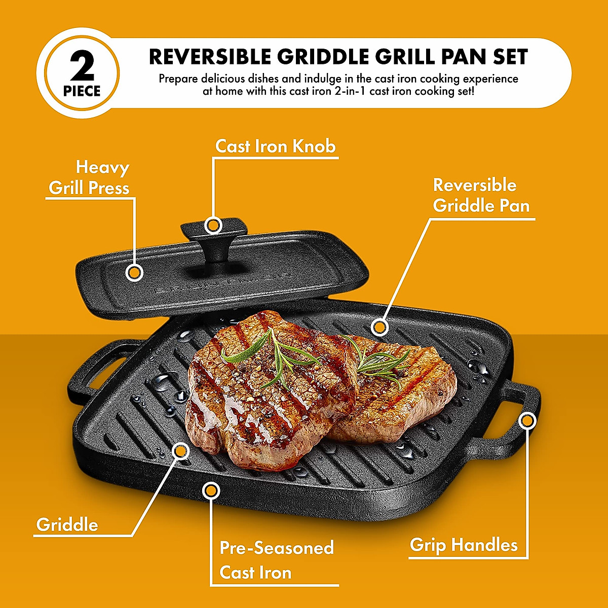 Bruntmor 2-in-1 Pre-Seasoned Cast Iron Reversible Griddle Grill Pan with Heavy Grill Press - 10 x 10 Inches Square Pan for Stove Top and Oven Cooking - Durable Grip Handle for Easy Use - Black