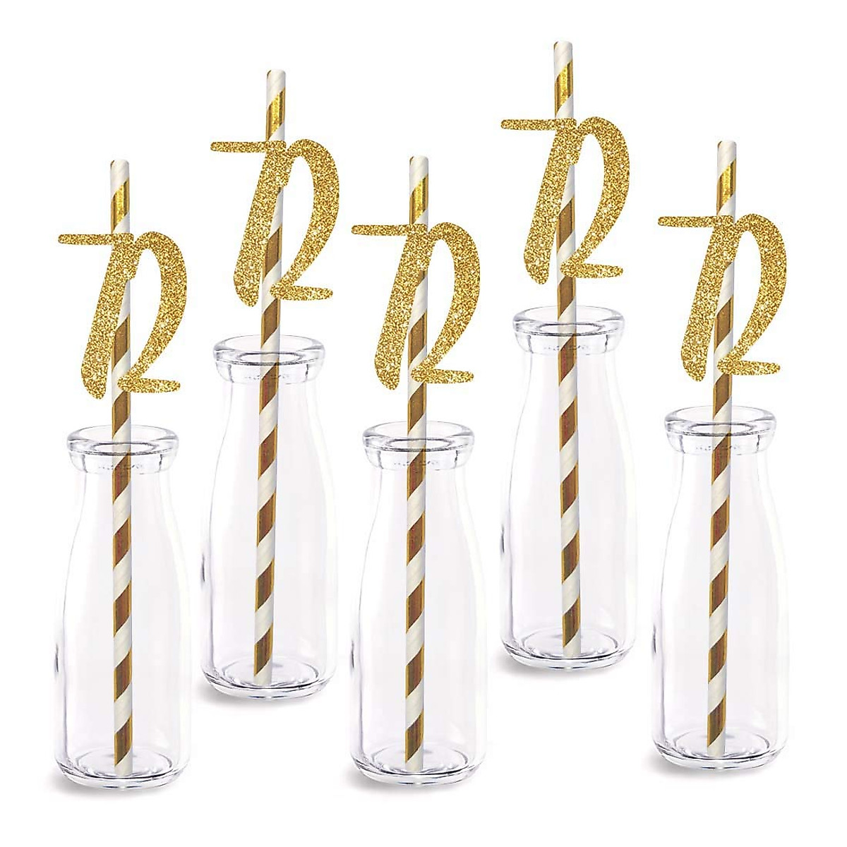 72nd Birthday Paper Straw Decor, 24-Pack Real Gold Glitter Cut-Out Numbers Happy 72 Years Party Decorative Straws