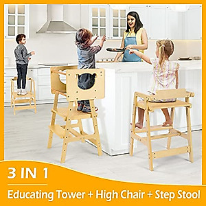 Montessori Educating Tower, Toddler High Chair & Step Stool with 3 Adjustable Height, Standing Kitchen Helper Bathroom Wood Safety Grow Seat, Multi-Function 3 in 1 for 1-12 Years