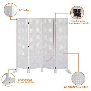 VINGLI Freestanding Pegboard with Support Feet, 5 FT Wood Room Divider Display Board Organizer, Folding Privacy Screen Partition Space Separator for Craft Shows Events Retail (White, 4 Panel)