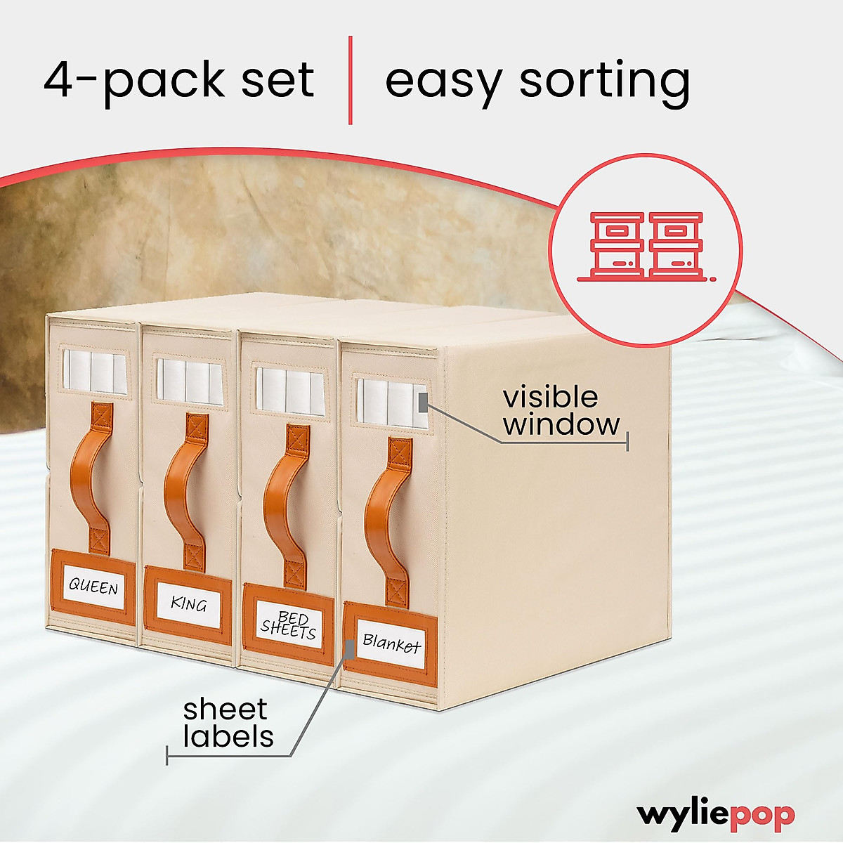 Wyliepop 4-Pack Bed Sheet Organizers, Premium Bedsheet Organizers and Storage with Leather Handles & Borders, Woven Oxford Fabric, Heavy Duty Zipper - 14.9"x12.6"x4.7" Linen Bedsheet Organizer Boxes