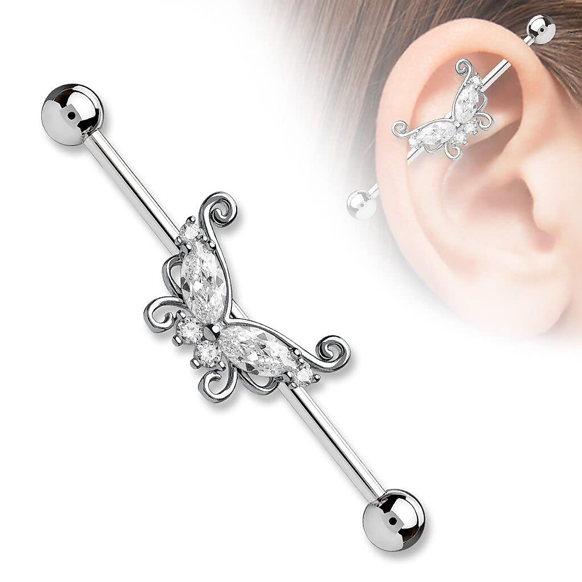 CZ Butterfly Rose Gold IP Surgical Steel Industrial Barbell Piercing 14g 1/2" - Clear