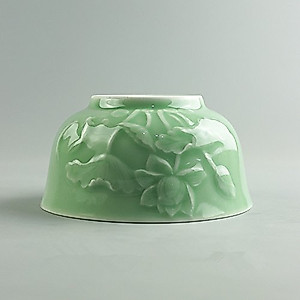 Rice Bowls 13.5Ounce Celadon Porcelain Engraved Lotus for Cereal and Soup(5 Inch)