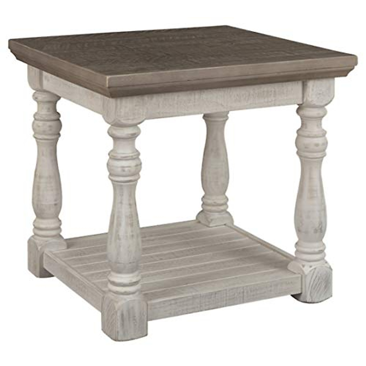 Signature Design by Ashley Havalance Farmhouse Square End Table with Floor Shelf, Vintage Gray & White with Weathered Finish