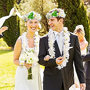 LovesTown 4 PCS Hawaiian Lei Set, White Luau Wreath Garland Hawaii Leis Flower Headpiece Necklace Bracelet Birthday Holiday Party Favor