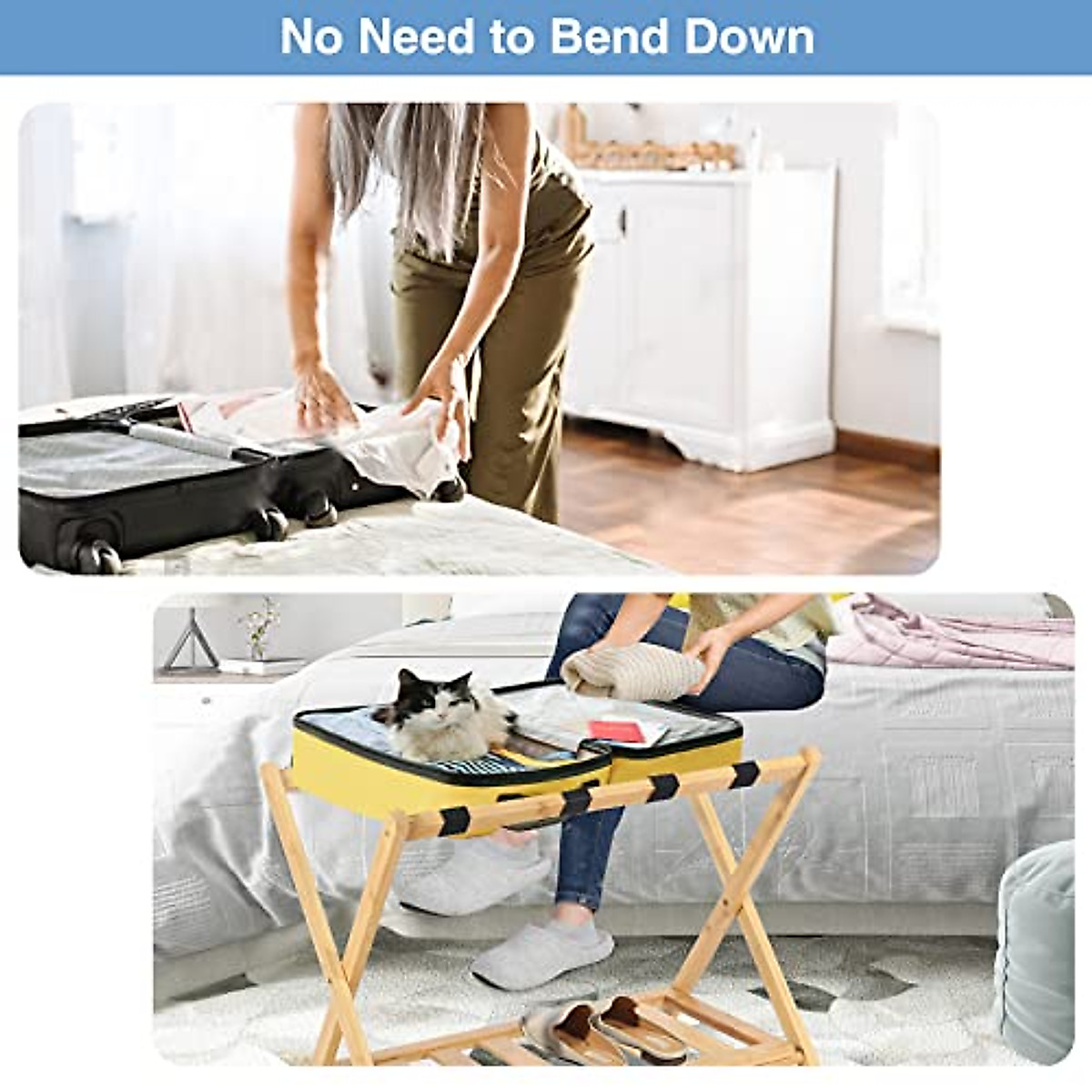ALAPUR Bamboo Luggage Rack for Guest Room, Folding Luggage Holder with Storage Shelf , Suitcase Stand for Bedroom,Guest Room,Hotel