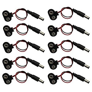 RuiLing 10-Pack 9V T Type Battery Clip Connector Socket with DC Plug 2.1 X 5.5mm