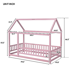 Twin Size House Bed Frame for Kids,Wooden Montessori Floor Bed with Fence and Roof,Floor Bed Frame Twin Size, Twin Bed Frame for Girls,Boys(Twin,Pink)