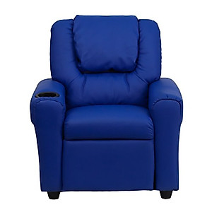 Flash Furniture Vana Vinyl Kids Recliner with Cup Holder, Headrest, and Safety Recline, Contemporary Reclining Chair for Kids, Supports up to 90 lbs., Blue