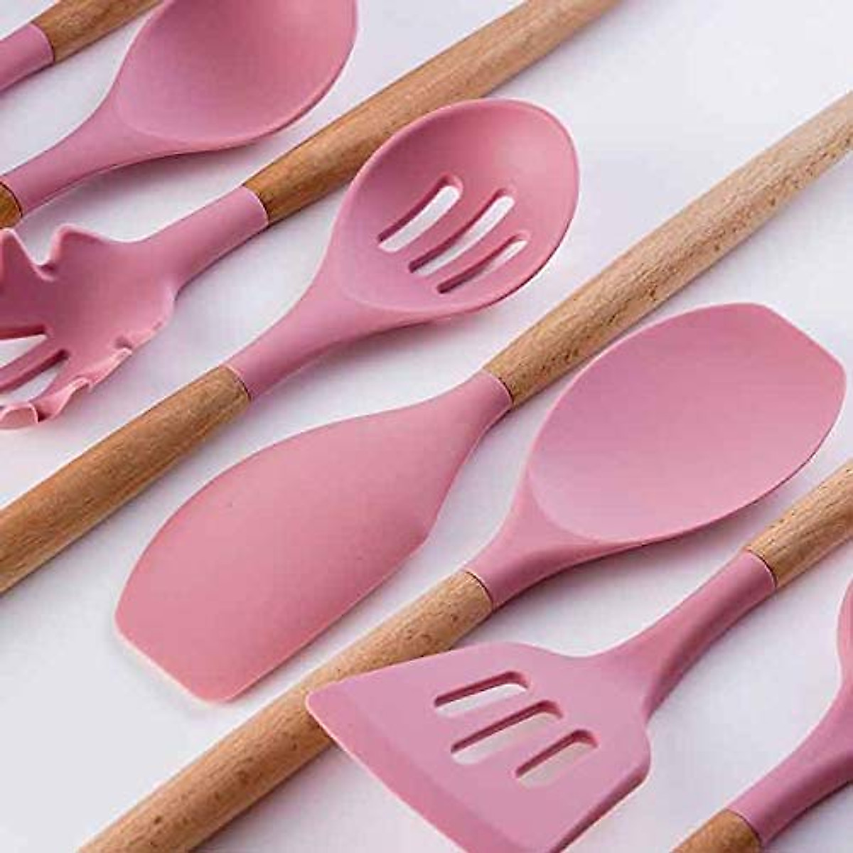 LMMDP Silicone Kitchen Tools Set Cooking Tools Utensils Set Spatula Shovel Soup Spoon with Wooden Handle Special Heat-resistant Design