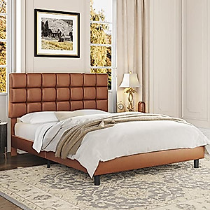 Yaheetech Upholstered Platform Bed Frame with Square Tufted Faux Leather Headboard Height Adjustable, Mattress Foundation Wooden Slats Support No Box Spring Needed, Amber Brown-Queen