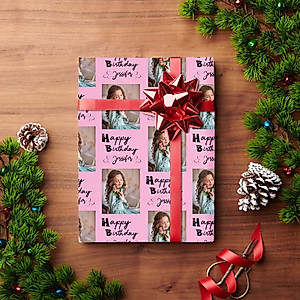 MyPupSocks Personalized Photo Wrapping Paper, Happy Birthday with Name Photo Pink Custom Gift Wrapping Paper with Picture for Teens Women Men Mom Dad Birthday Wedding Anniversary 58x23 2 Rolls