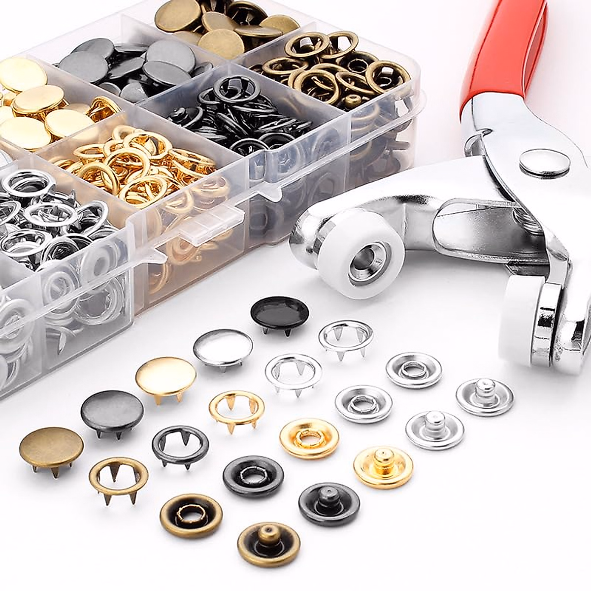 GTAAOY 100 Sets Metal Snaps Buttons with Fastener Pliers Press Tool Kit Perfect for DIY Crafts Clothes Hats and Sewing, Snap Button Fasteners Kit for Clothing Sewing (9.5mm / 400 PCS)