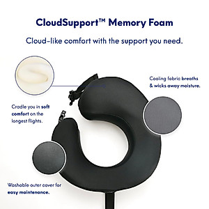 C CUSHION LAB Extra Support Travel Pillow, Award-Winning Patented Ergonomic Design for Chin & Neck Support Memory Foam Neck Pillow, Compact Airplane Pillow for Traveling, Flight, Car (Black, Large)