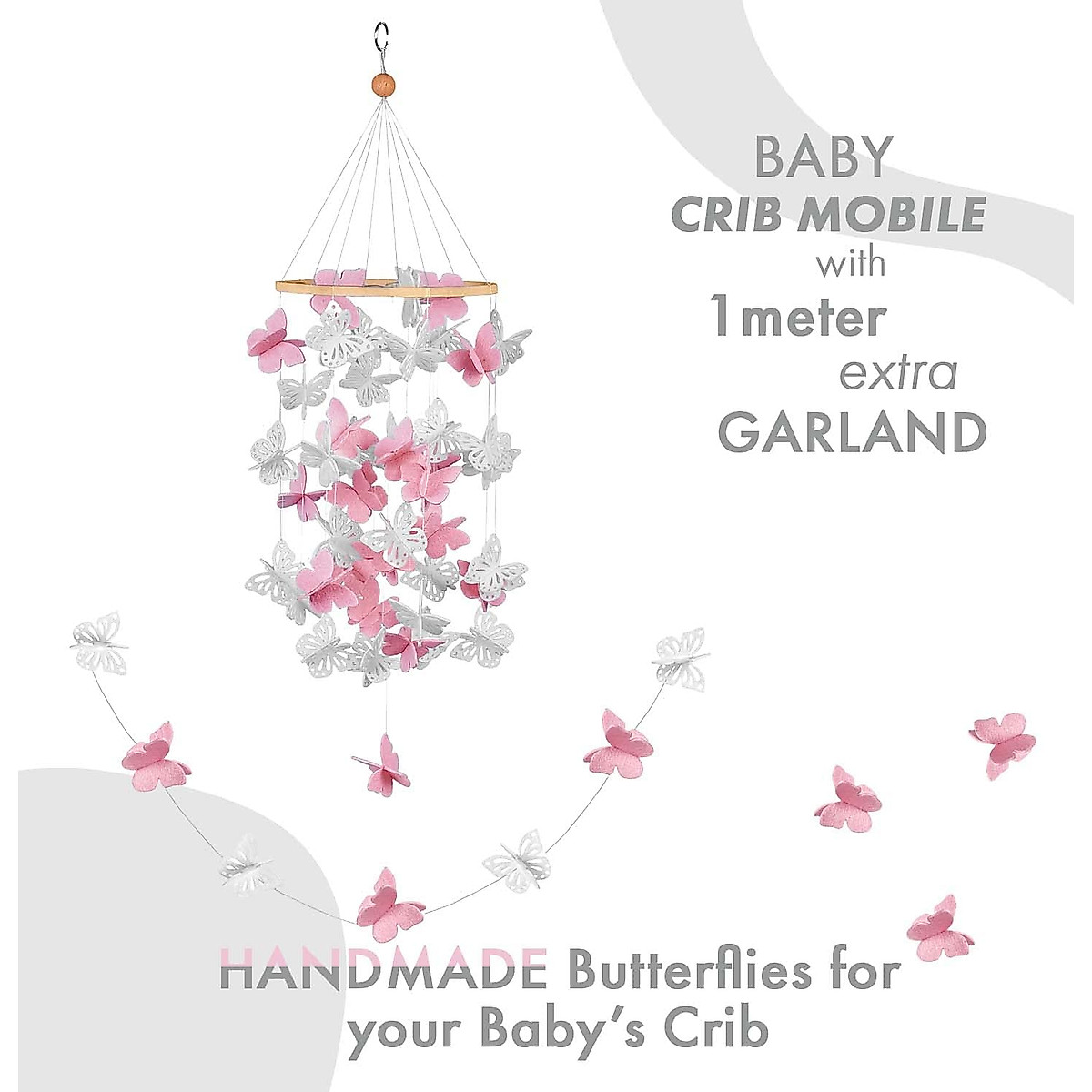 Just Joyer Baby Mobile for Crib Girl–Handmade with 45 Butterflies–Unique Toys Nursery Decor–Premium Felt Material with Wood Frame–Includes Butterfly Garland